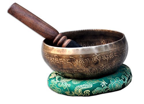 4" Mantra Carved Buddha Tibetan Singing Bowl, Hand Hammered Nepal Yoga Singing Bowls with "Om Tingsha"Cushion & Mallet Striker
