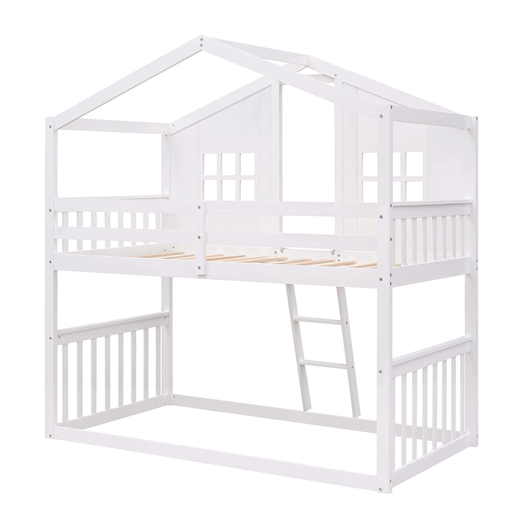 Harper & Bright Designs House Bunk Beds, Twin Over Twin Bunk Bed with Roof, Ladder and Windows, Floor Bunk Bed, Low Bunk Loft Bed for Kids Teens Boys & Girls, White