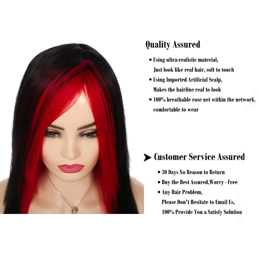 Baruisi Long Red Black Wig Silky Straight Synthetic Heat Resistant Side Bangs Halloween Costume Hair Wigs for Women