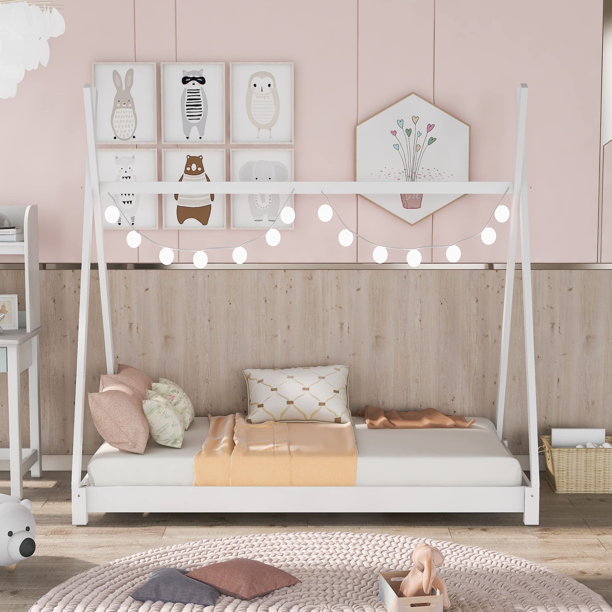 Merax Twin Wood Teepee Bed Cute Tent Platform Bed for Kids Boys Girls,No Box Spring Needed,Easy Assemble (Twin,White)