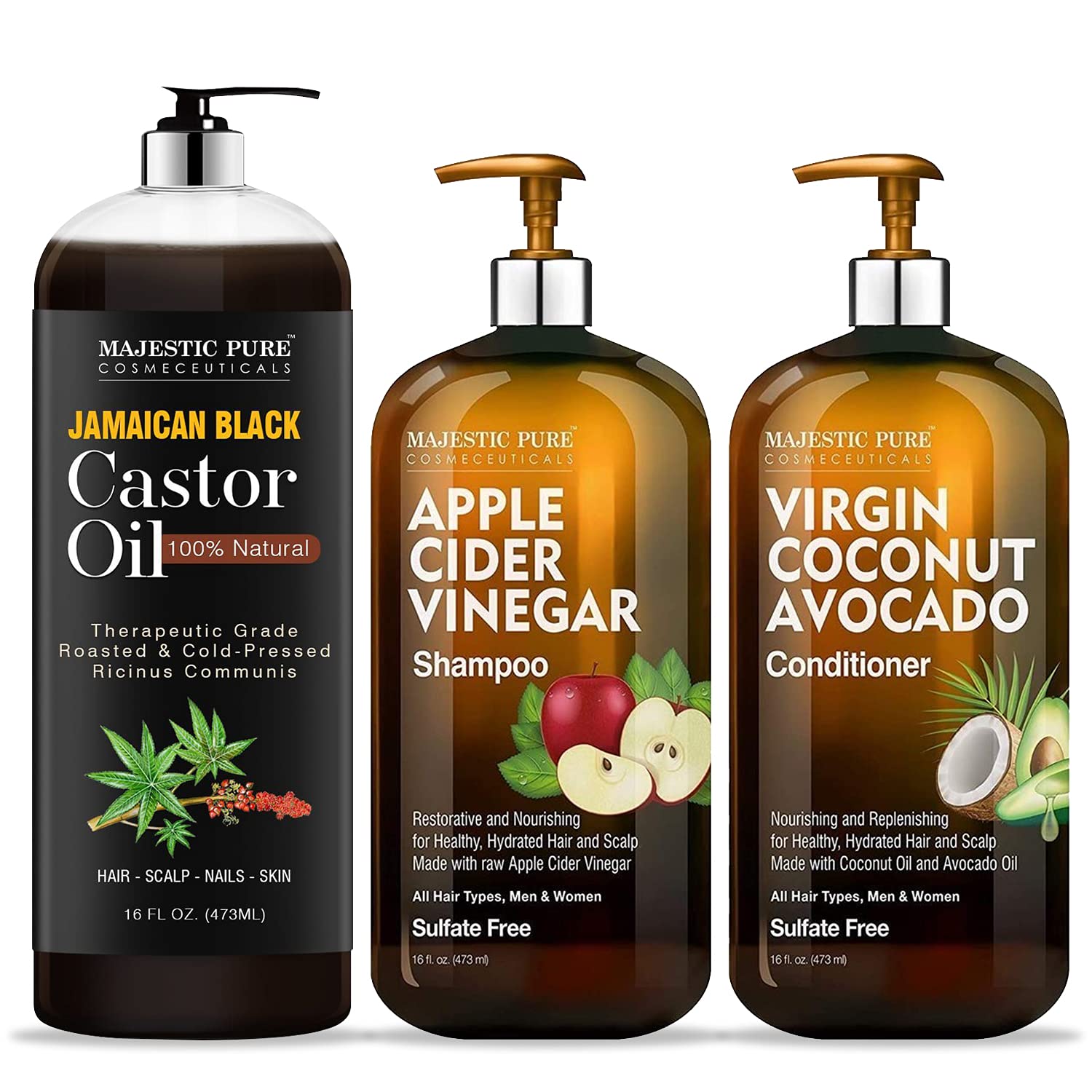 Majestic Pure Jamaican Black Castor Oil (16 oz) and Apple Cider Vinegar Shampoo & Coconut Avocado Conditioner Set (16 oz each) Bundle