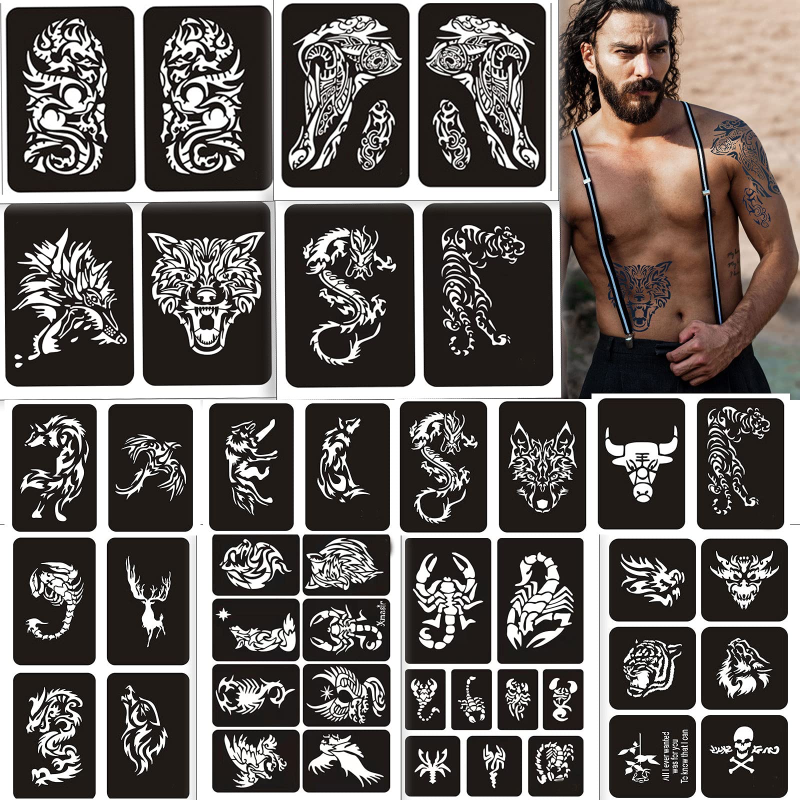 Henna Tattoos Stencils 10 Sheet Large Size Temporary Tattoo Templates Henna Stencil Reusable Body Tattoo Stencils for Men Boys Adult Teens