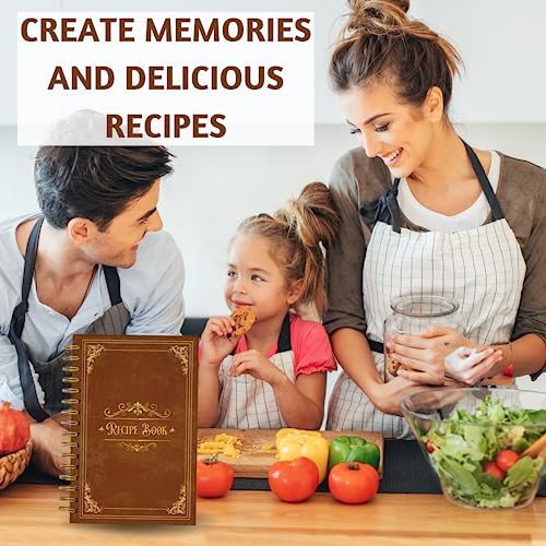 A5 (5.5β x 8.5β) Recipe Book to Write in Your Own Recipes, Durable Gloss Laminated Cover, Gold Spiral Binder, Gold Leaf Vintage Leather Look, 100 Pages Paper, Family Heirloom Keepsake
