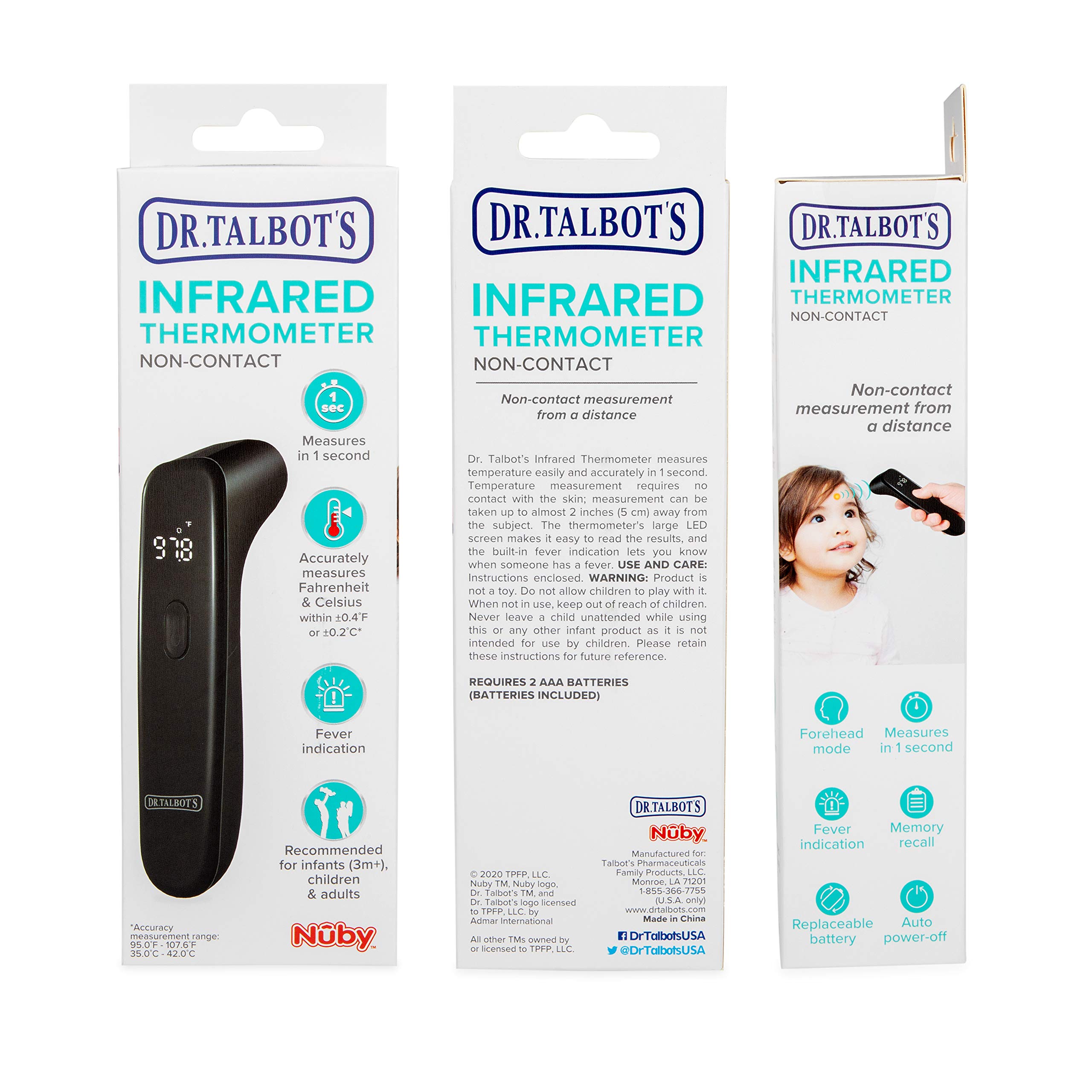 Dr. Talbot's Non-Contact Acrylic Infrared Thermometer with Led Screen, Fever Warning Indicator, Accurate 1 S Reading for Baby, Kids, Adults, Black