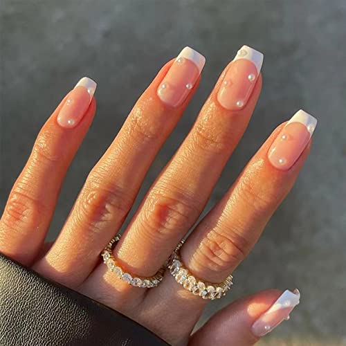 6 Packs (144 Pcs) Press on Nails Medium Design, Misssix Short Fake Nails Almond French Glue on Nails Set with Adhesive Tabs Nail File for Women