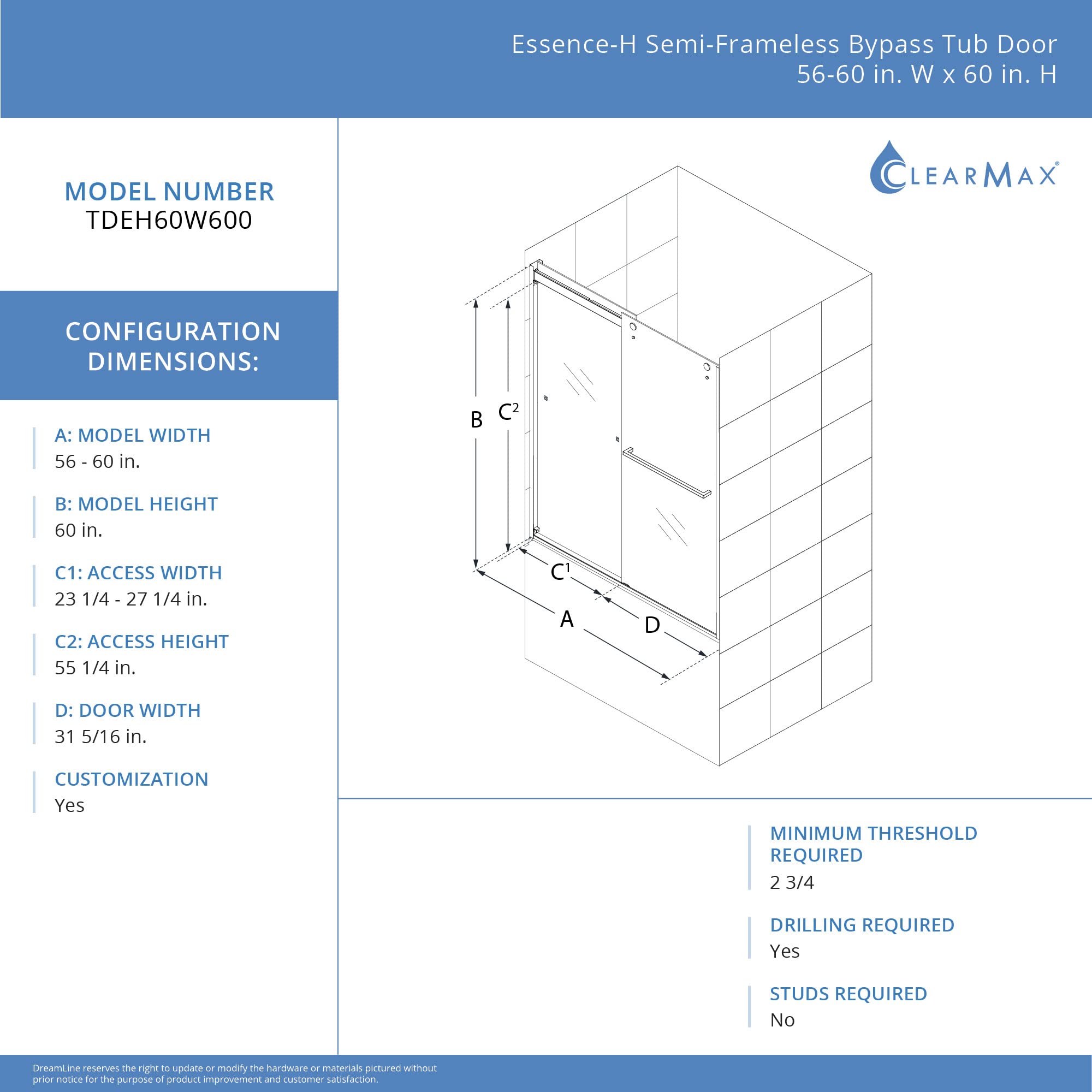 DreamLine Essence-H 56-60 in. W x 60 in. H Semi-Frameless Bypass Tub Door Brushed Nickel