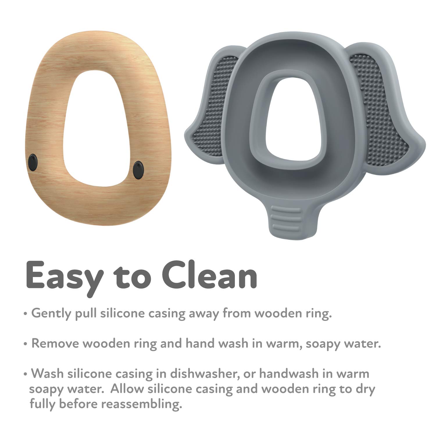 Nuby Natural Wood & Silicone Teether: Elephant, 3M+, Gray