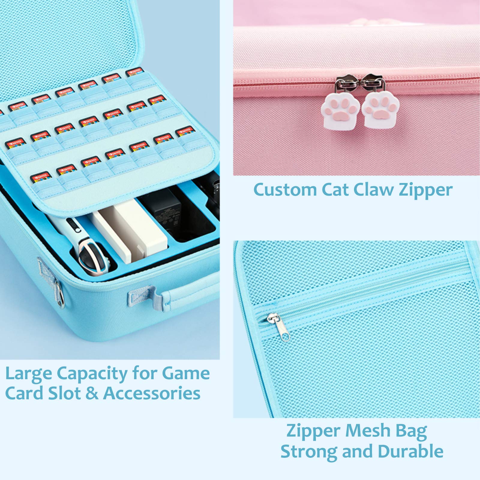 Acylulu Cute Cat Paw Carrying Case Compatible with Nintendo Switch - 21 Game Card Slot & Removable Shoulder Strap - Portable Hardshell Storage Bag for Switch Console Controller & Accessories
