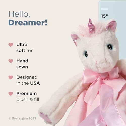 Bearington Baby Dreamer Snuggler, 15 Inch White and Pink Unicorn Plush Stuffed Animal Security Blanket Lovey for Babies
