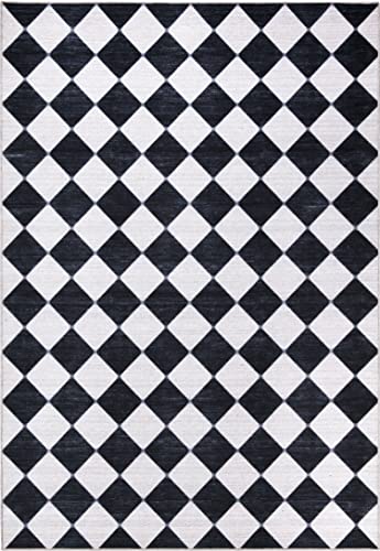 Abani Rectangular Area Rugs 8' x 10' Cream Black Checkered Diamond Machine Washable, Stain Resistant and Non-Shedding Polypropylene Large Rugs Modern Design