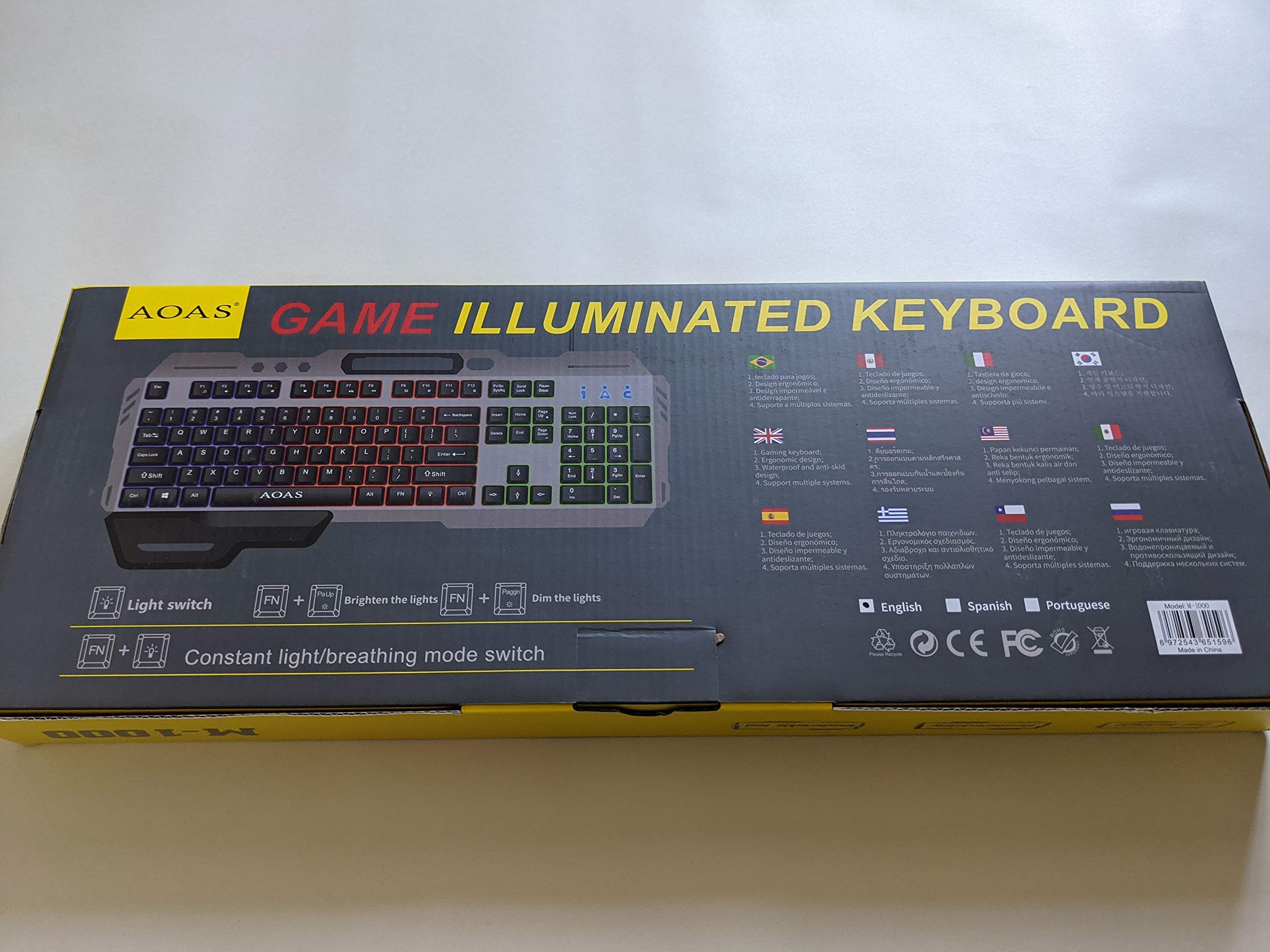 Illuminated Gaming Keyboard Model M-1000, Ergonomic Design, Waterproof and Anti-Skid Design, Support Multiple System, Constant Light/Breathing Mode Switch, Strong USB Cable 1.5m (5 ft.)