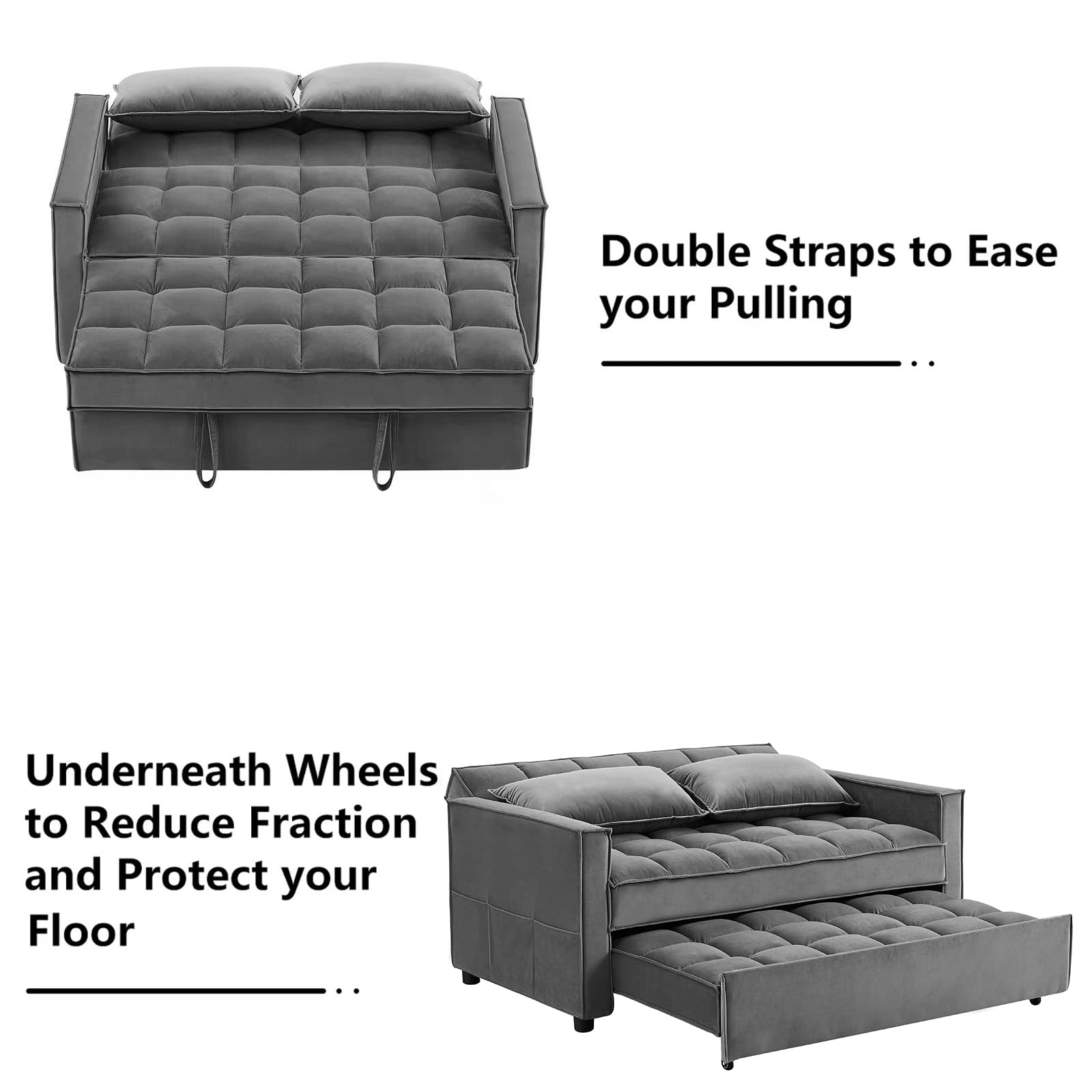 Aoowow 58 Inch Convertible Sleeper Sofa, Velvet Loveseat Sleeper Pull Out Sofa Bed Convertible Loveseat with Adjustable Backrest, 2 Pillows and Side Pockets for Living Room Small Spaces (Black)
