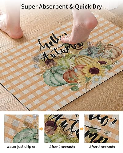 Bathroom Floor Shower Mat, Non-Slip Small Rugs - Easy to Clean, Hello Autumn Thanksgiving Pumpkin Sunflower Daisy Pattern Durable Bath Rug 20"x32" Washable Quick Dry Mats for Bathtubs