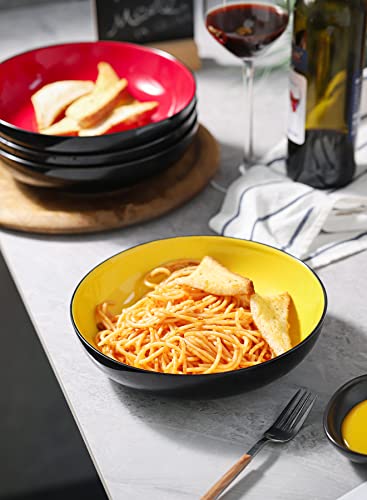 Teocera Pasta Bowls, Large Salad Bowls, Porcelain Bowl Set, Wide and Shallow, Microwave and Dishwasher Safe, 35 Ounce - Set of 4, Black Multi Color