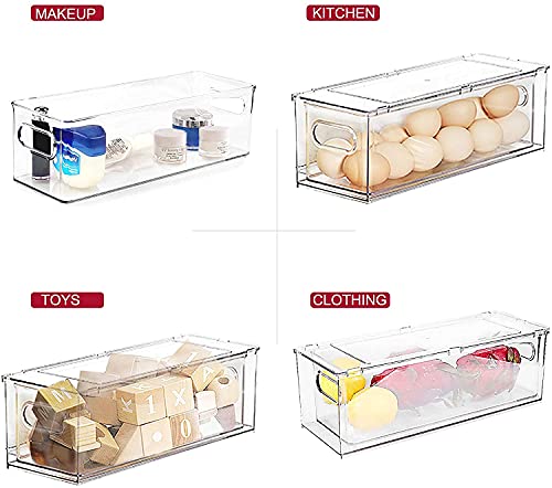 4 Pack Refrigerator Organizer Bins with Pull-out Drawer, Large Stackable Fridge Drawer Organizer Set with Handle, BPA-free Drawable Clear Storage Cases for Freezer, Cabinet, Kitchen, Pantry Organizati