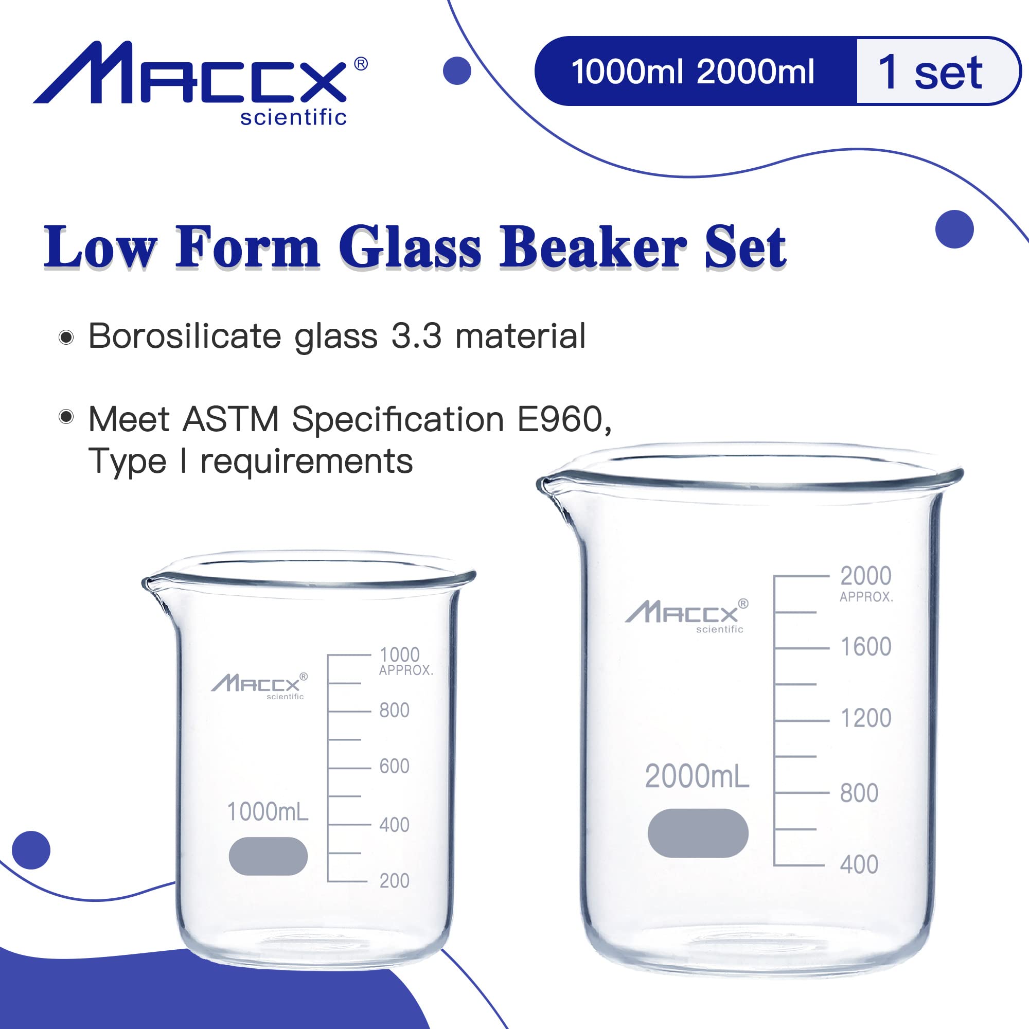 Maccx Sturdy Glass Beakers, 2 Sizes of 1000ml 2000ml,3.3 Borosilicate Griffin Low Form with Printed Graduation, BKLS06-002