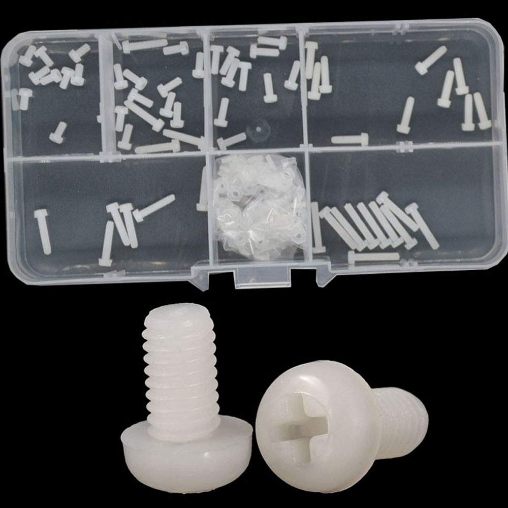 White Nylon Pan Head Machine Screw Nut Metric Thread Round Head Bolt Assortment Set Kit 160pcs M2