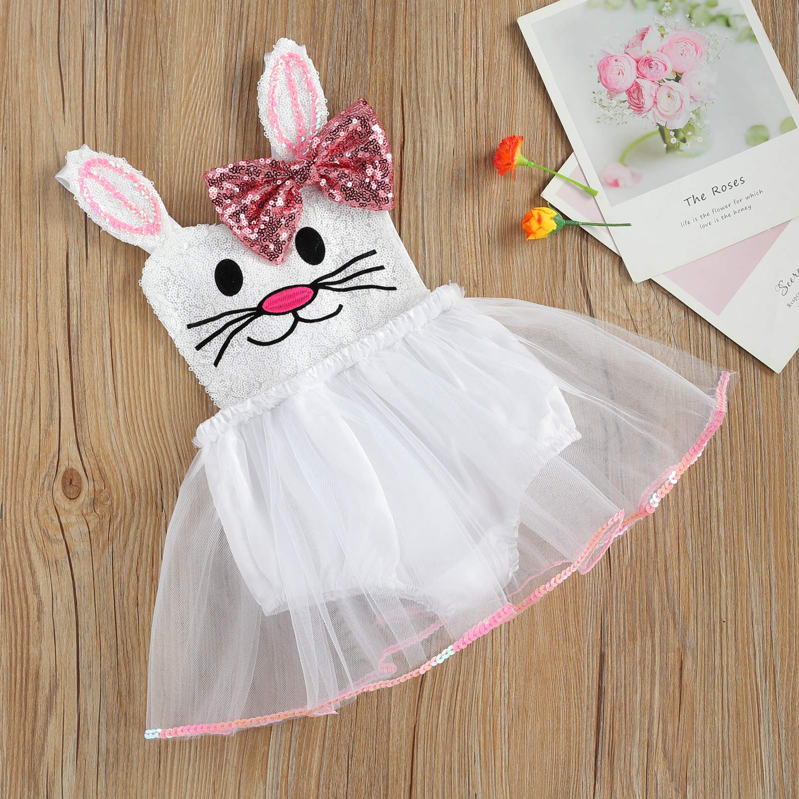 Infant Toddler Baby Girl Easter Outfits Sequin Rabbit Bunny Romper Tutu Dress Bow Halter Sleeveless Bodysuit Party Dresses (White, 18-24 Months)