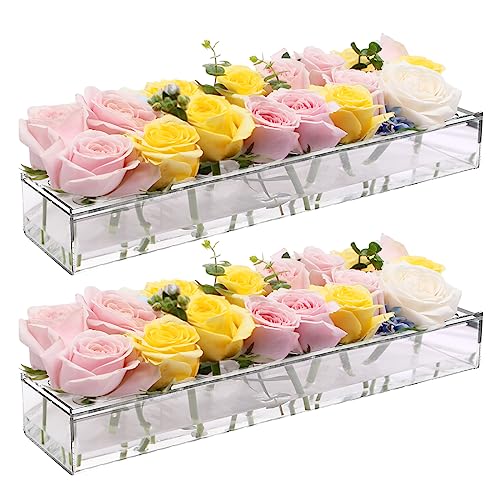 2 Pieces Acrylic Flower Vase Rectangular Floral Centerpiece with Lights - 31.5 Inch Modern Vase Long Rectangle Acrylic Vase for Home Decor