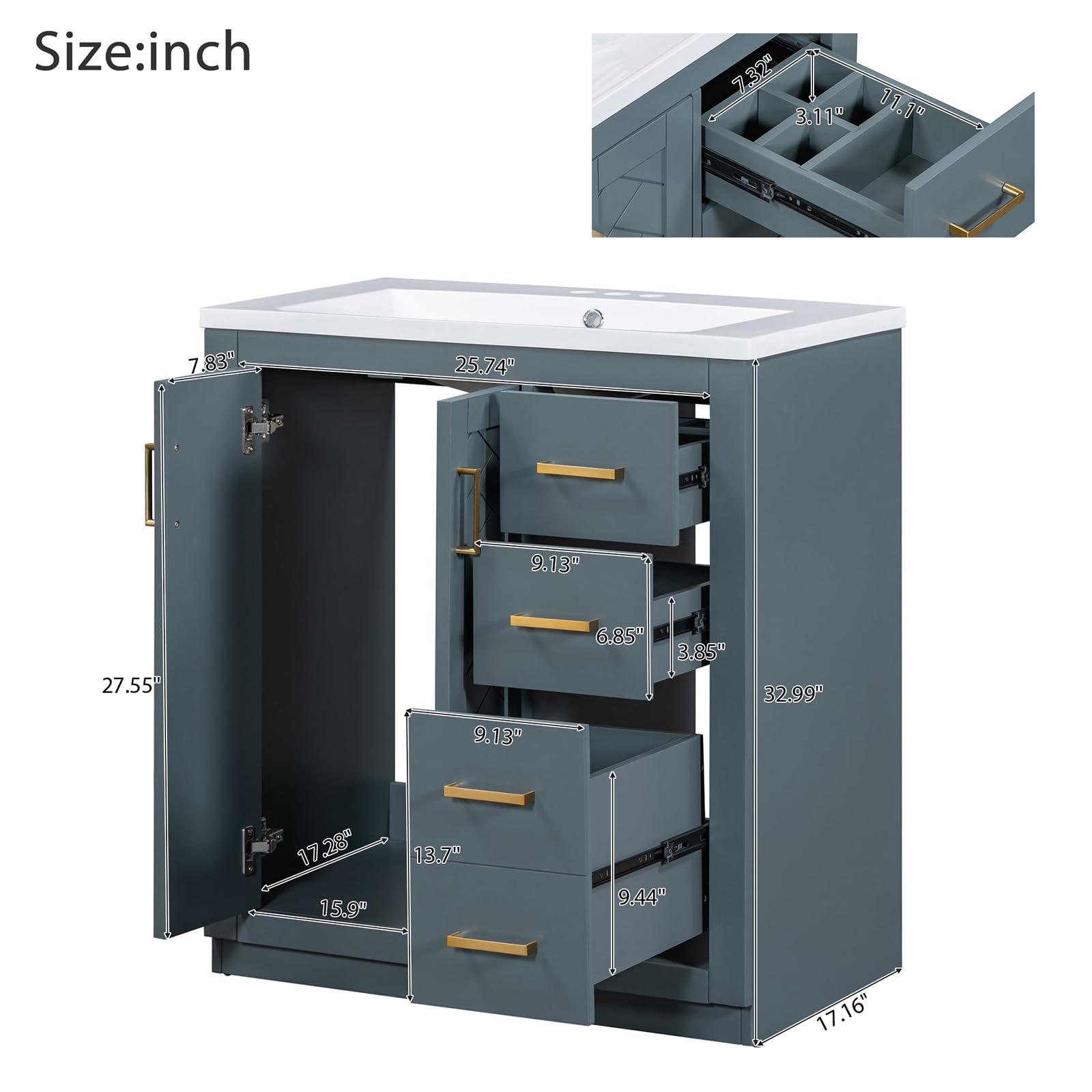 30'' Bathroom Vanity with Top Sink, Modern Bathroom Storage Cabinet with 2 Drawers and a Tip-out Drawer, Single Sink Bathroom Vanity, Bathroom Storage Cabinet Vanities for Bathroom Navy Blue 30inch