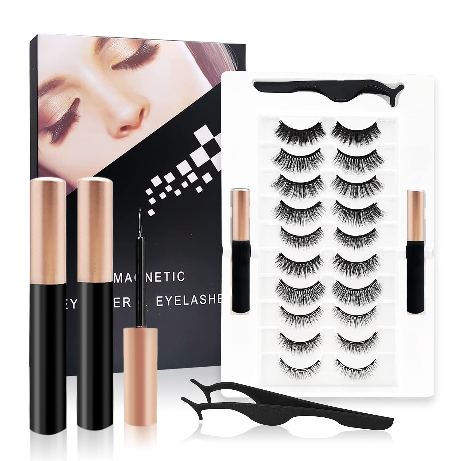 Magnetic Eyelashes Kit with Eyeliner, Magnetic Lashes Natural Looking 10 Pairs , 2 Pcs Magnetic Eyeliner, Reusable 3D False Eyelashes Lashes Pack, With lash tweezers,No Glue! Eyelashes Magnetic