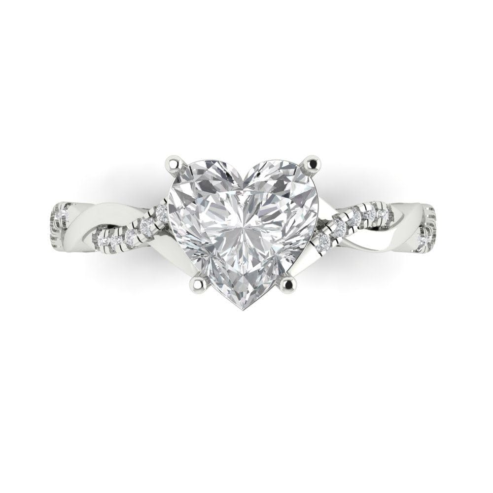 2.1 Ct Heart Cut Clear Simulated Diamond 14K White Gold Solitaire with Accents Engagement Anniversary Ring Size 3.75