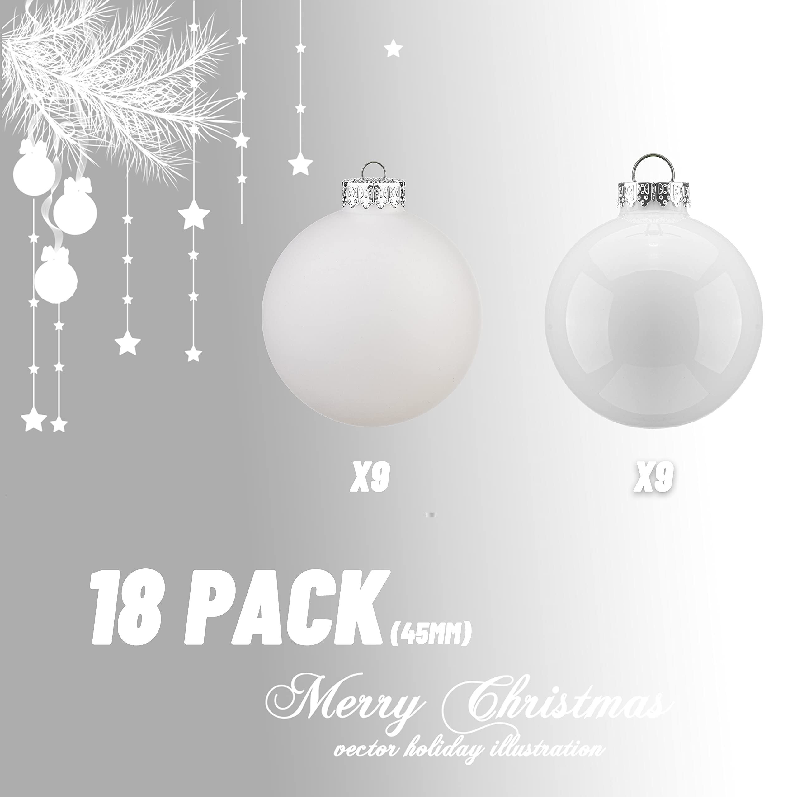 18PCS 1.8inch(45mm) Christmas Ball Ornaments for Christmas Decorations, Glass Ball Present for Xmas Trees and Wedding Party, Xmas Tree Decorations Set(White)