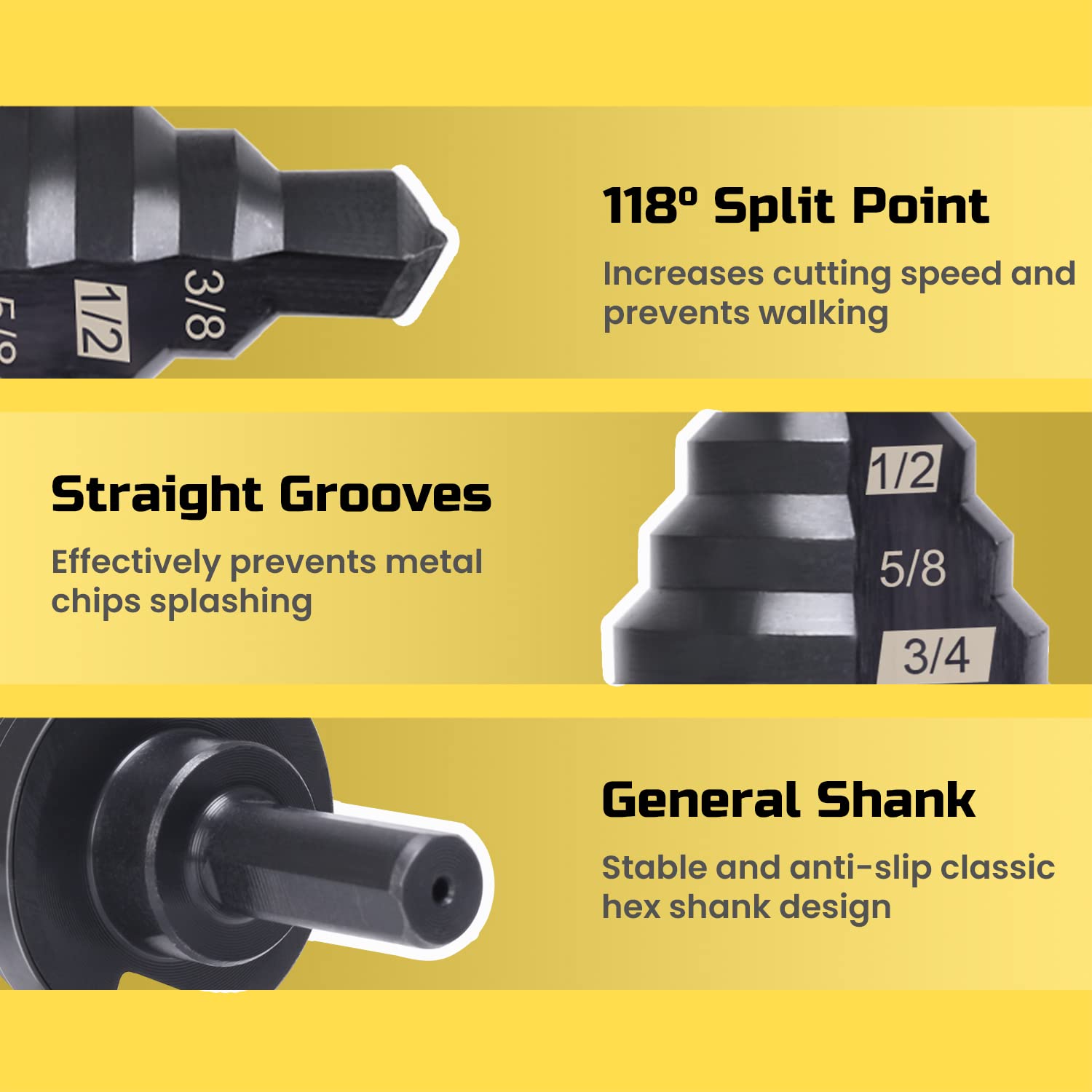 Lichamp Step Drill Bit Set for Metal Sheet Heavy Duty, 5-Piece Premium M2 HSS Step Up Down Drill Bits Stepper Unibit for Steel Hole, 50 Sizes from 1/8 to 1-3/8 inches
