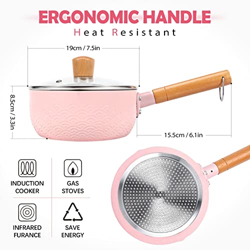 2.1 Quart Saucepan Set with Lid, Nonstick Aluminum Sauce Pot, Induction Compatible Small Cooking Pots with Silicone Spatulas for Milk, Soup, Pasta, Egg, Rice (PINK)