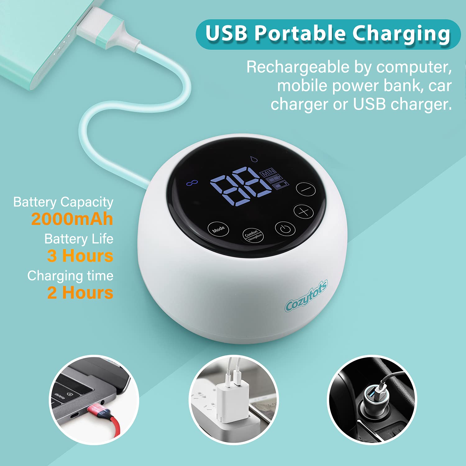 Cozytots Double Electric Breast Pumps Portable Rechargeable Battery Operated Breast Feeding Pump 9 Suction Levels with High Definition Display Touch Panel 5 Milk Bags 2 Adapters