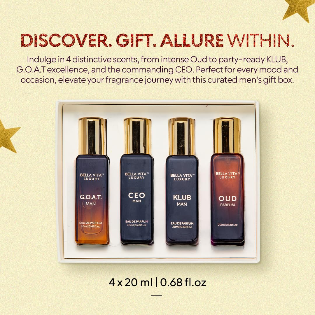 Men's Luxury Perfume Gift Set (4 x 0.68 fl. oz.) | Gifts for Men | Klub, Oud, CEO, Goat Perfume | Masculine, Woody, Citrusy, Aromatic perfumes for men