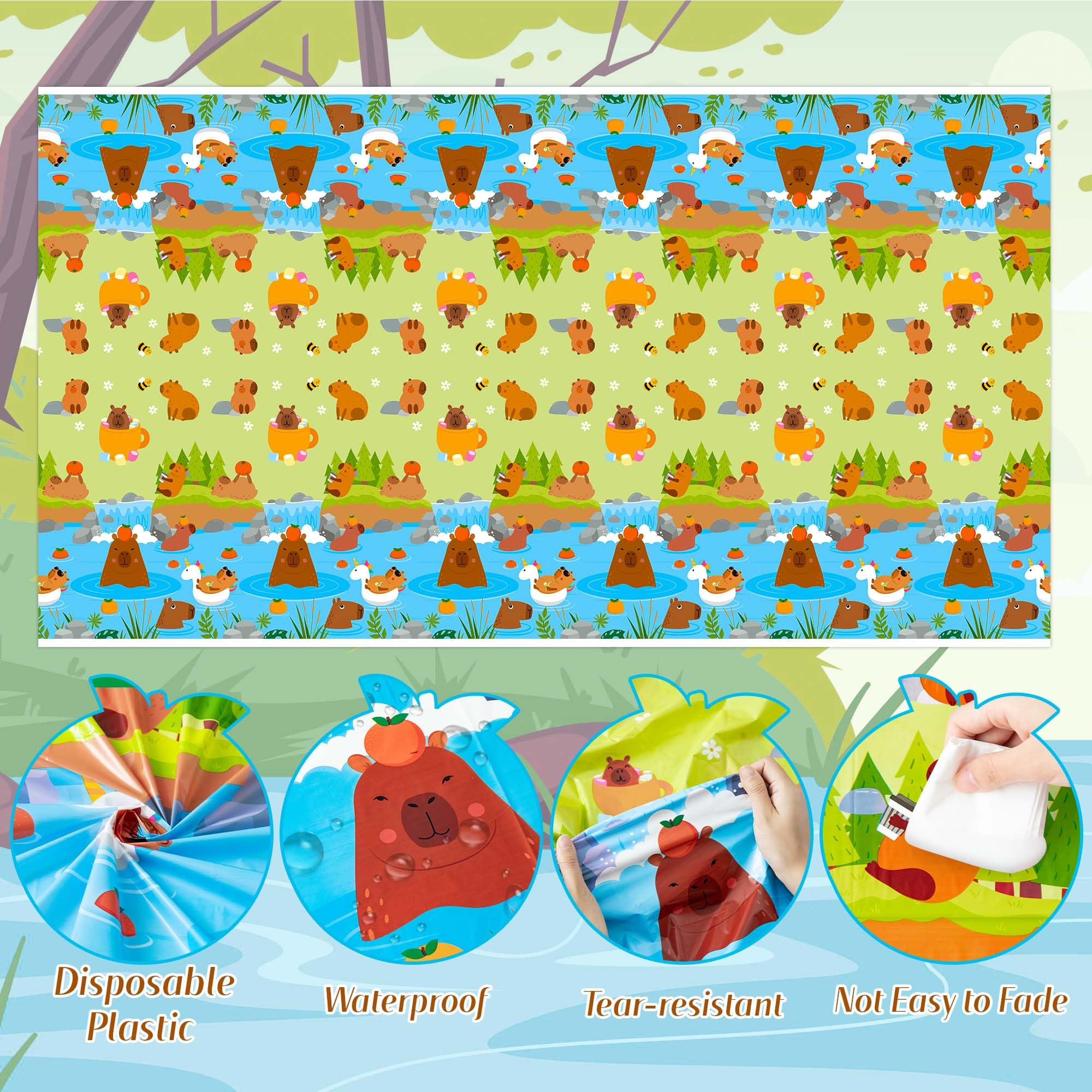 3Pcs Capybara Party Tablecloth Cute Capybara Birthday Table Cover Capybara Animals Party Decorations Plastic Disposable Rectangular Table Cloth Decor for Kids Birthday Baby Shower Animals Themed Party