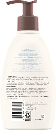 Aveeno Sheer Hydration Daily Moisturizing Fragrance-Free Lotion with Nourishing Prebiotic Oat, Fast-Absorbing Body Moisturizer for Dry Skin with Lightweight, Breathable Feel, 12 fl. oz