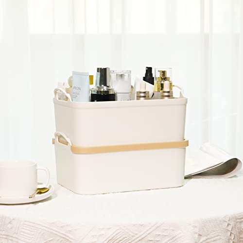 ANMINY Lidded Plastic Storage Bins Set White Desk Basket Box Cube Drawer Organizer Kitchen Food Container with Handles Removable Lids for Cosmetic Makeup Bathroom Countertop Dresser - 2 Medium 3 Small