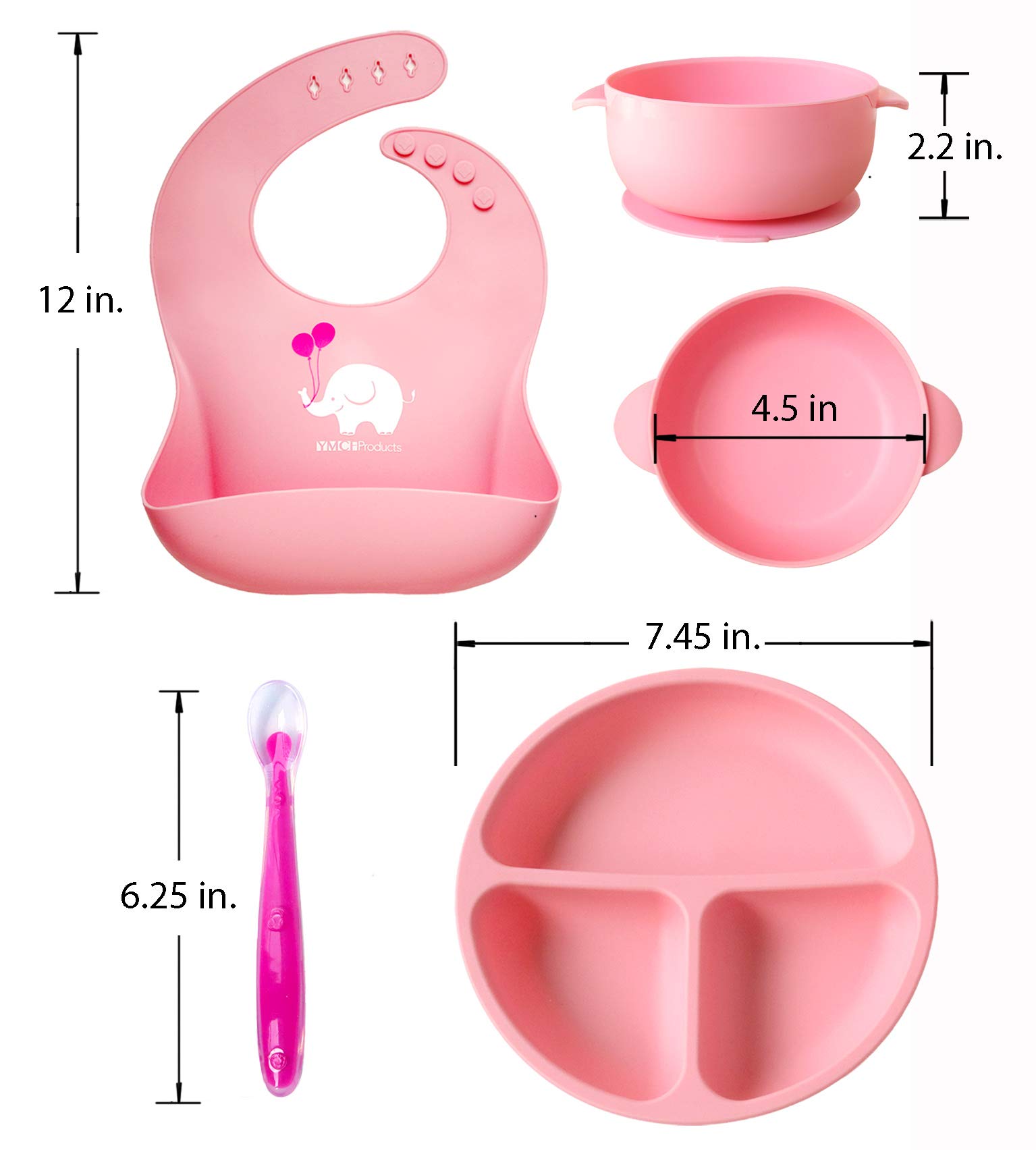 YMCF Products Baby or Toddler Feeding Set | Silicone Bib, Divided Plates, Suction Bowls & Spoons, Dishwasher-Safe, Easy-Wipe Cleaning (Pink)