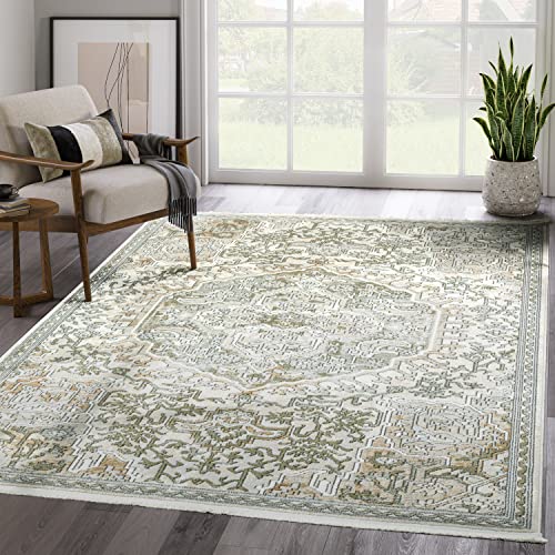 Abani Savoy Collection Area Rug - Beige/Green Vintage Design - 7'9" x 10'2" - Easy to Clean - Durable for Kids and Pets - Non-Shedding - Medium Pile - Soft Feel - for Living Room, Bedroom & Office