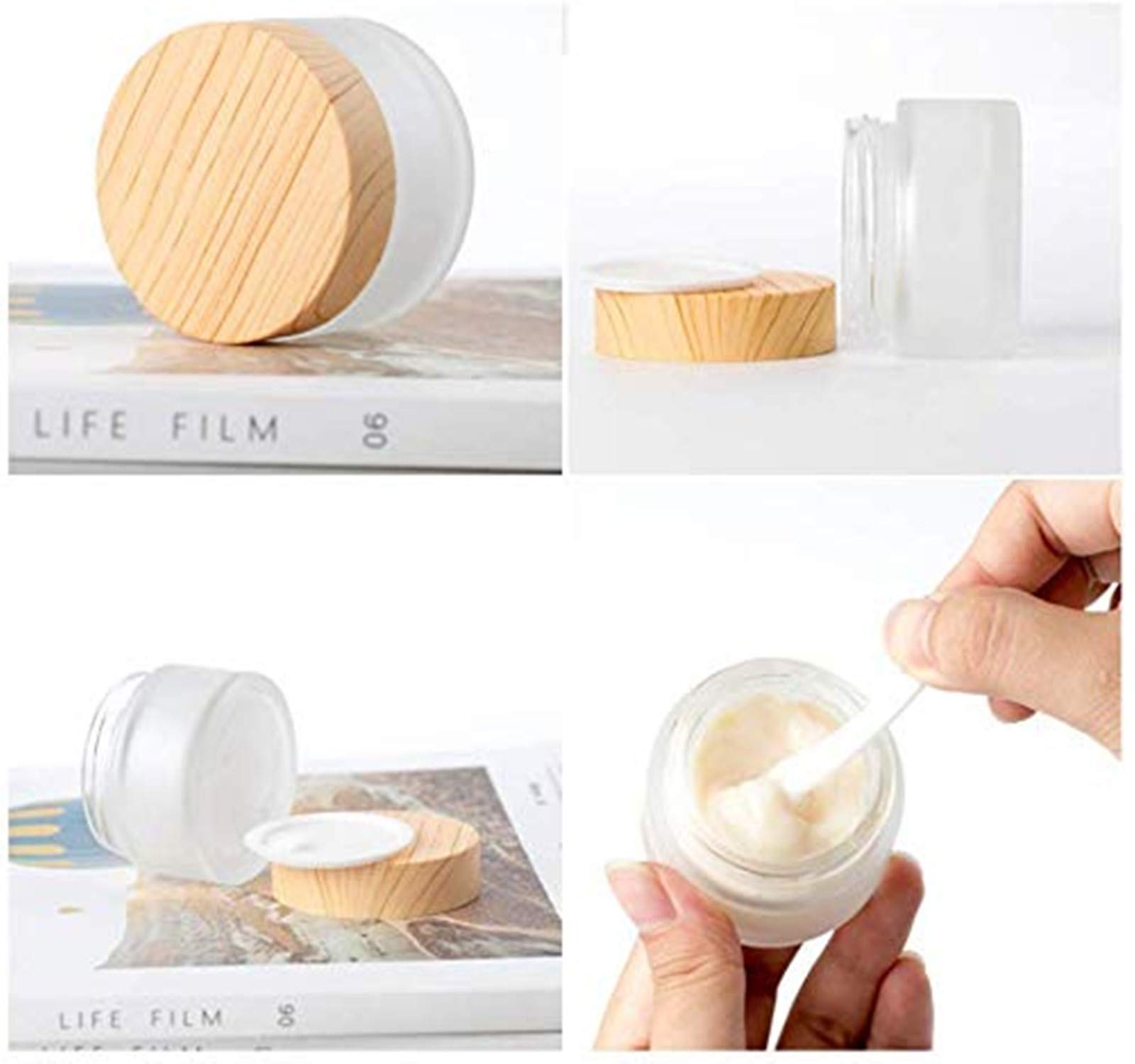 Healthcom 10 Pack 10 Grams/10 ML Empty Jars Round Frosted Glass Cosmetic Cream Jar Bottle with Wood Grain Lid Cosmetic Containers Refillable Glass Face Cream Box Pot for Makeup Lip Balms Eyeshadow