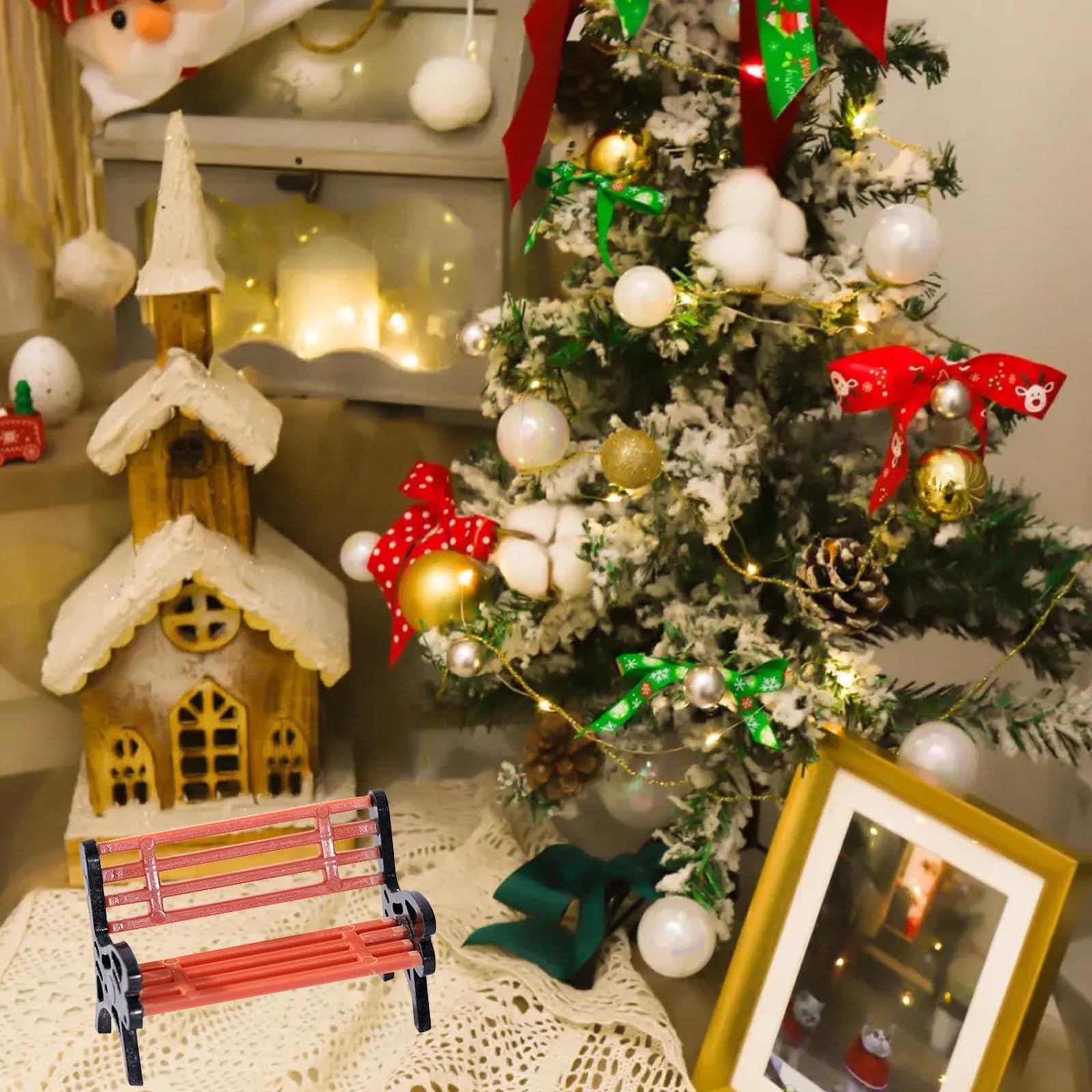 3Pcs Christmas Village Bench, Miniature Bench, Mini Christmas Dollhouse Bench, Xmas Plastic Bench Christmas Villages Accessories for DIY Decor