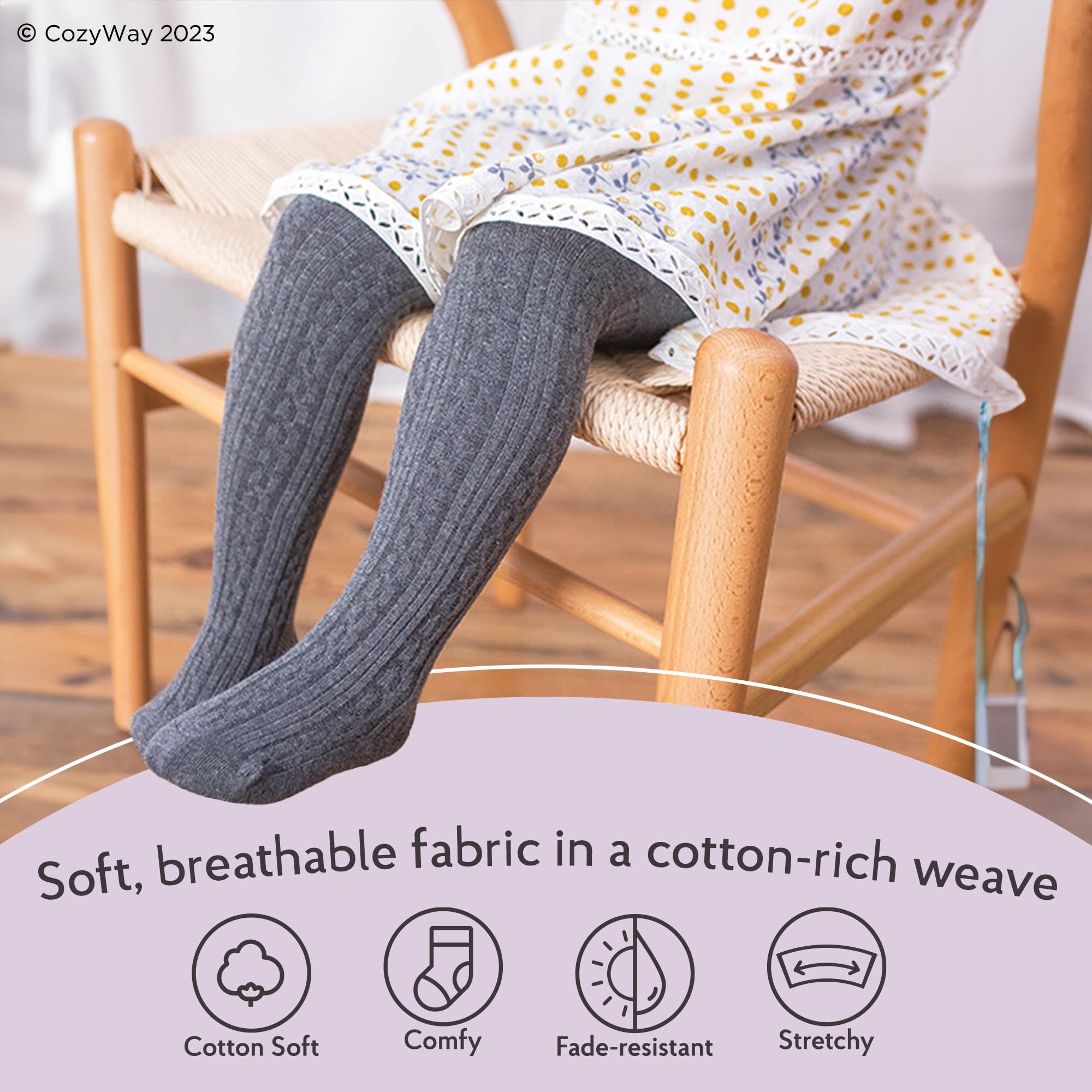 CozyWay Cable Knit Cotton Leggings/Tights for Baby Girls, 4 Pack, White/Pink/Purple/Gray, 6-12 Months Old