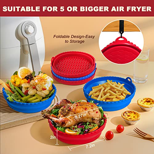 2-Pack Air Fryer Silicone Liners, 8.27in Foldable Silicone Air Fryer Pot for 5-8 Qt Reusable Silicone Air Fryer Baskets Oven Accessories 2 Pack(Blue+Red)