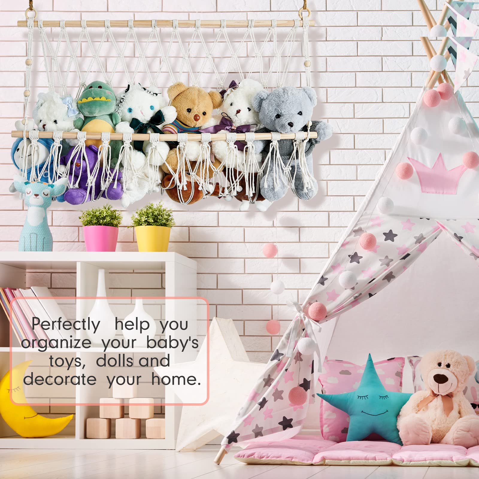 2 Pcs Stuffed Animal Hammock with LED Light, No Battery, Macrame Stuffed Animal Toy Hammock for Neatly Store Hanging Plush Animals Toys Animals Net Storage Organizer for Nursery Play Room Bedroom