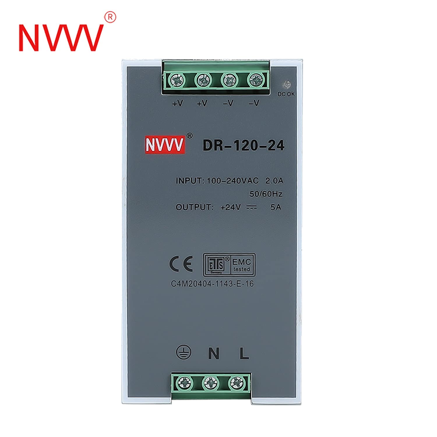 NVVV DR-120-24 AC to DC DIN-Rail Power Supply, 24V, 5 Amp, 120W, 1.5 inches, Silver+Grey
