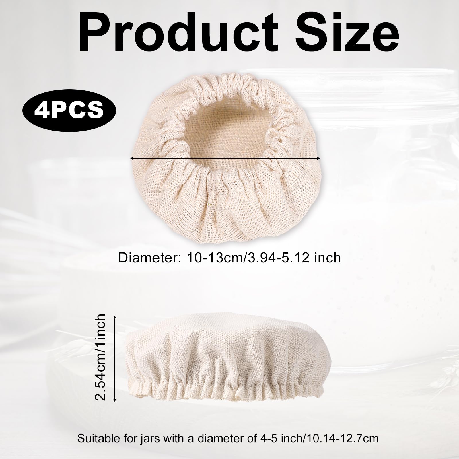 4pcs Cloth Covers for Sourdough Starter Jar, Cotton Bread Fermentation Cover Elastic Cloth Jar Covers Unbleached Reusable Cloth lid/Cap Cover Sourdough Proofing Bowl Cover for 4-5 Inch Jar Mouth
