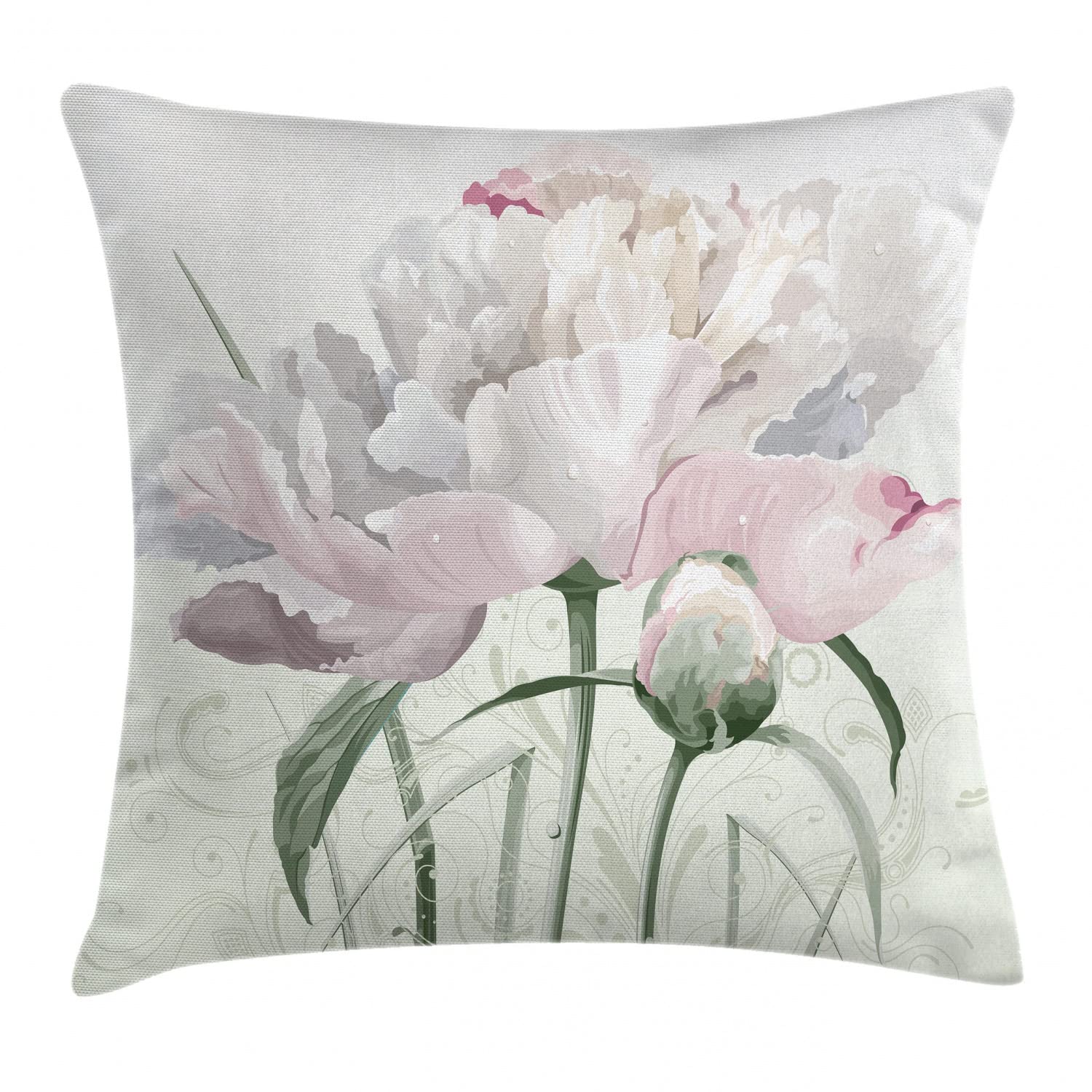 Ambesonne Flower Throw Pillow Cushion Cover, Floral Pink Roses Tulips Abstract Garden Leaves with Petals and Buds Detailed Print Image, Decorative Square Accent Pillow Case, 18" X 18", White