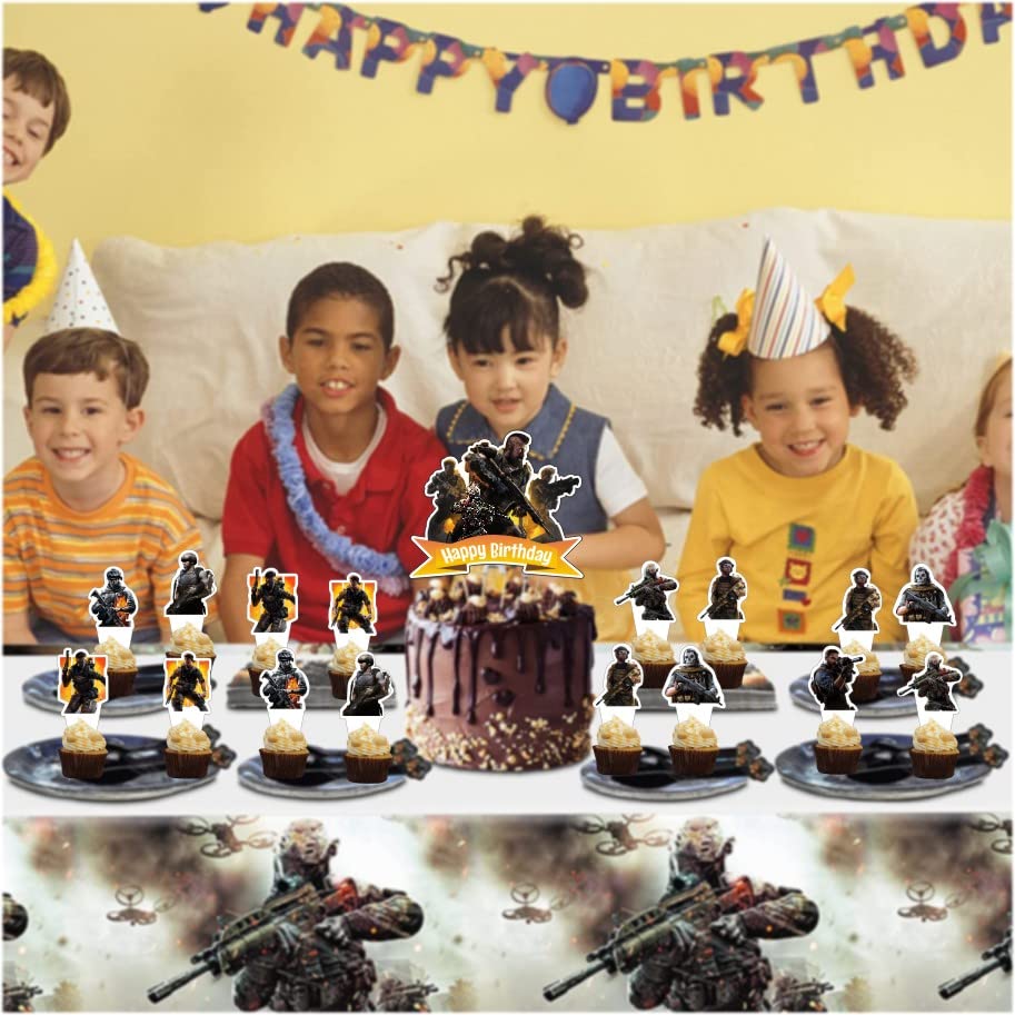 25pcs Game Call Birthday Cake Decorations with 1pcs Cake Topper, 24pcs Duty Cupcake Toppers for Kids Party Supplies