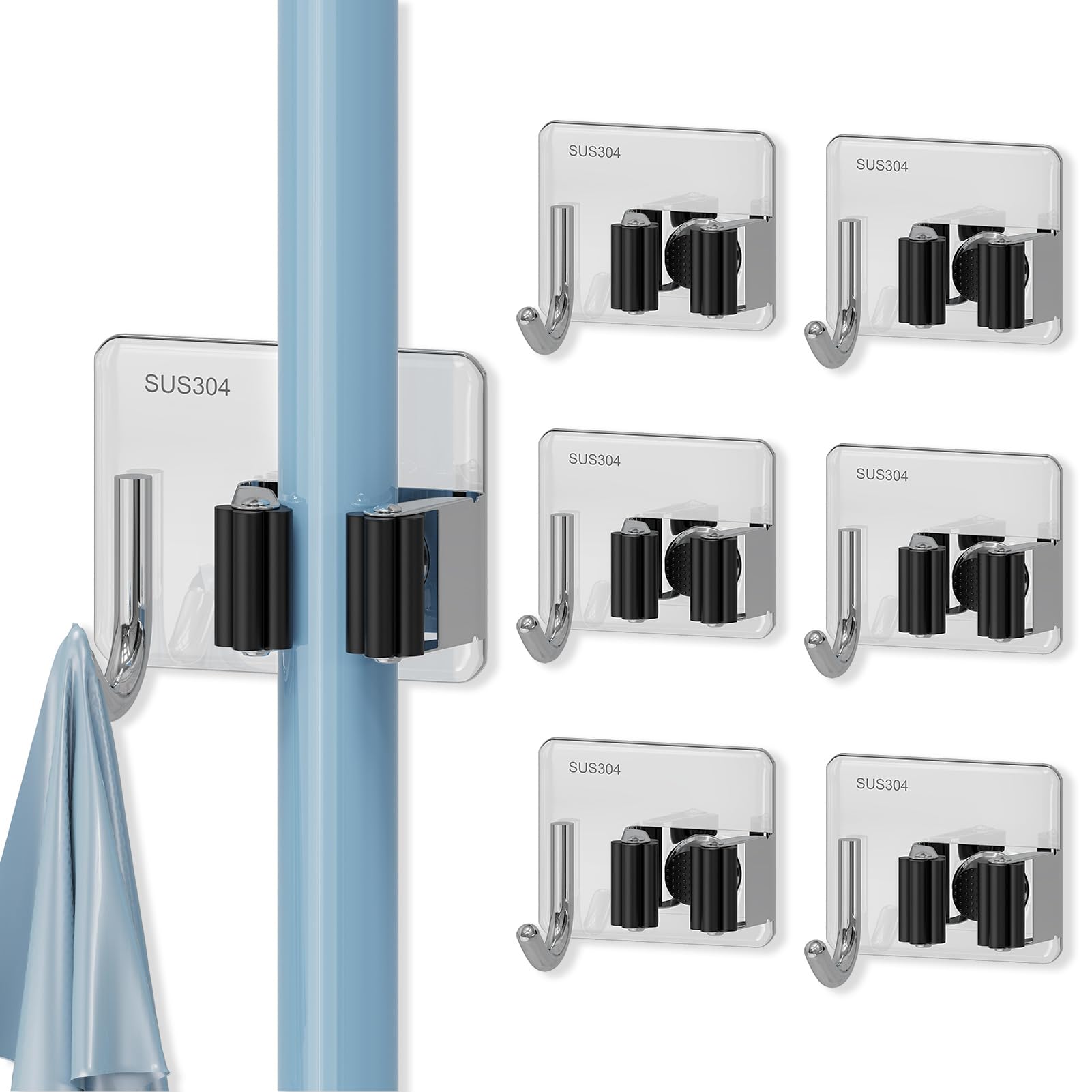 3-H 6 Pack Broom Hanger Wall Mount,Broom Holder Stainless Steel,Broom Holder Wall Mount Self Adhesive,Broom Organizer Storage Tool Racks for Home Kitchen Garden Laundry Garage(Silver)