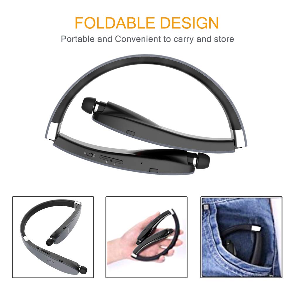 BEARTWO Foldable Bluetooth Headset, Lightweight Retractable Bluetooth Headphones for Sports&Exercise, Noise Cancelling Stereo Neckband Wireless Headset (with Carry case) (Gray Matte)