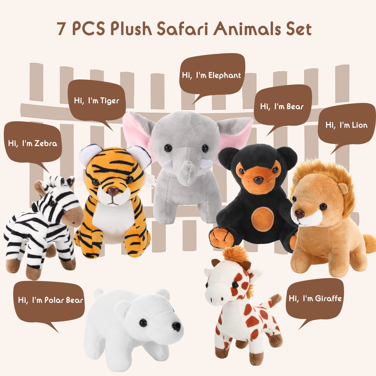 7 Pieces Plush Safari Animals 4.72 Inches Jungle Stuffed Animal Set Includes Plush Giraffe Tiger Lion Bear Elephant Zebra for Zoo Animal Themed Parties Teacher Student Achievement Award