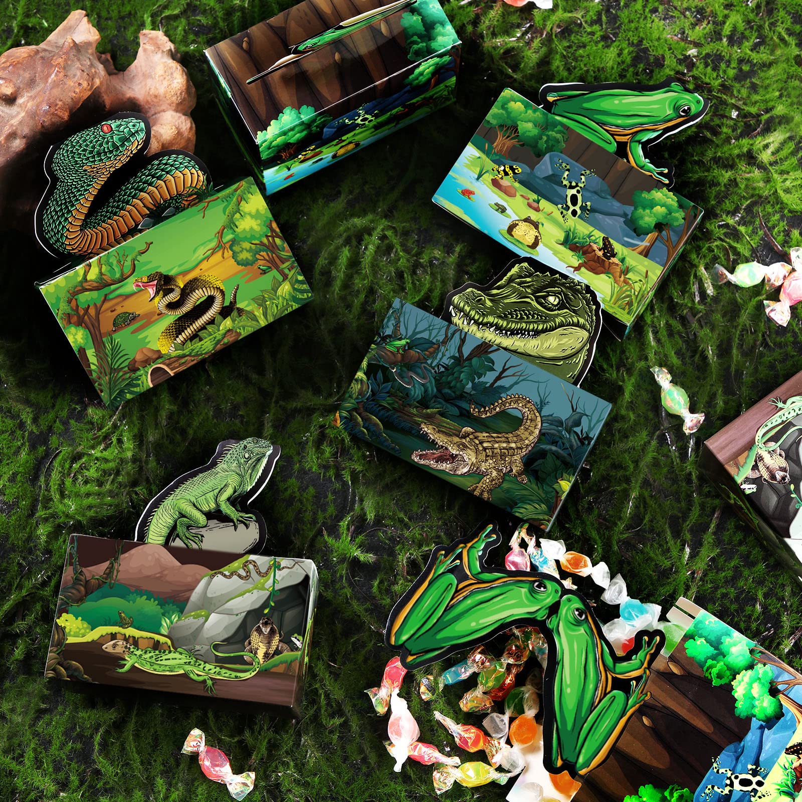 Nezyo 24 Pcs Reptile Birthday Party Supplies Snake Party Decorations Lizard Frog Crocodile Boxes for Jungle Baby Shower Birthday, 4.8 x 2.4 x 6.3 Inch