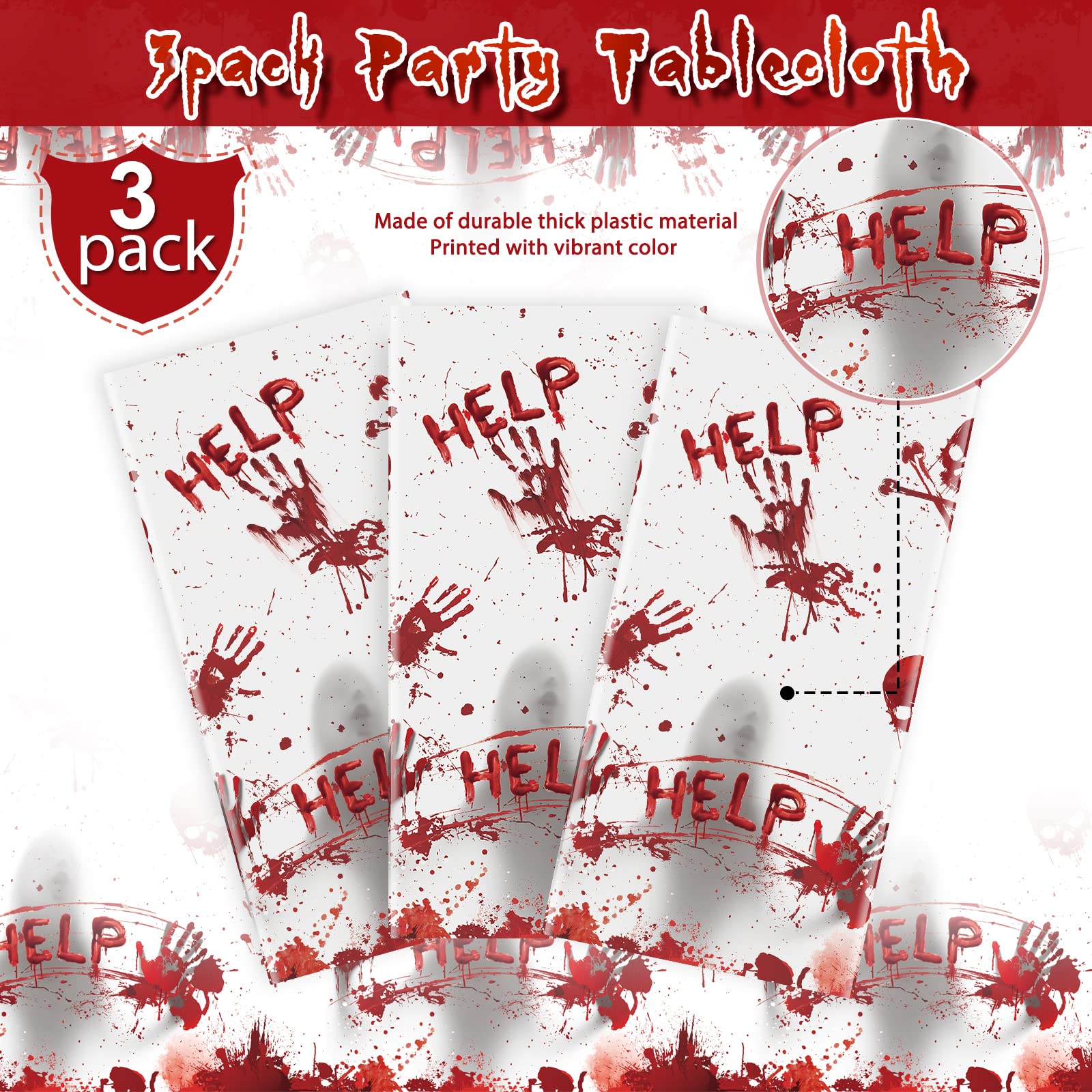 3Pcs Halloween Bloody Handprint Tablecloth Decorations, Plastic Handprints Shadowy Bloody Skull Table Cover Backdrop Banner for Halloween Vampire Zombie Horror Party Supplies,54 x108 inches